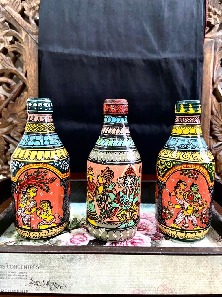 EXQUISITE SET OF 3 MYTHOLOGY STORY PATTACHITRA BOTTLES- 5.5'' – Fabodisha
